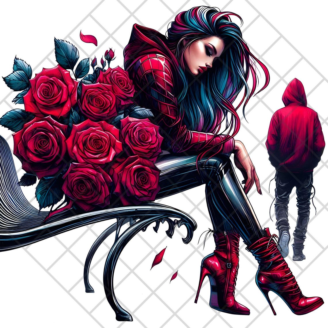 Bittersweet Roses Clip Art | 1 PNG File of a Woman Sitting With Bouquet ...