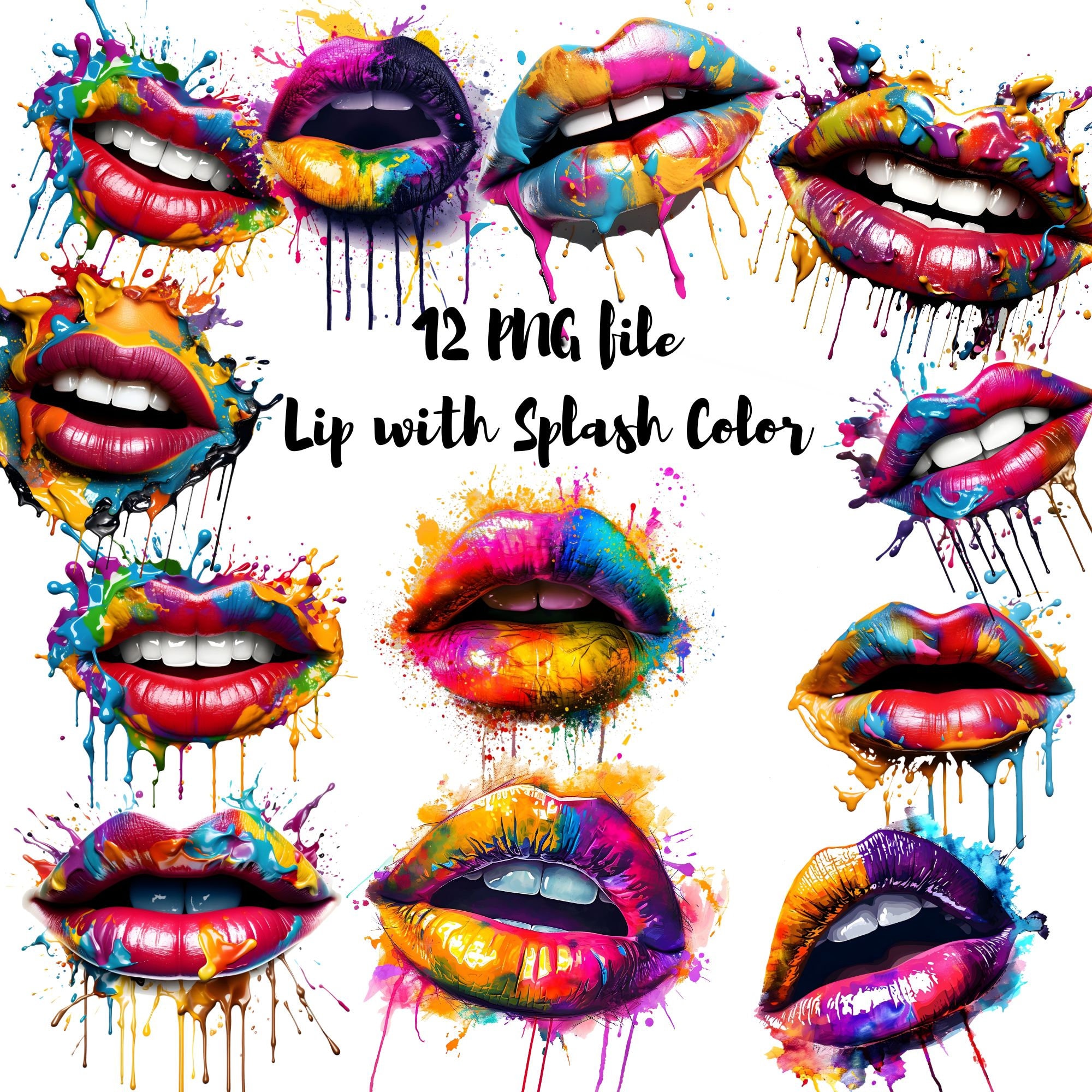 Lip With Splash Color Clip Art | 12 PNG Files of Lip With Colorful ...