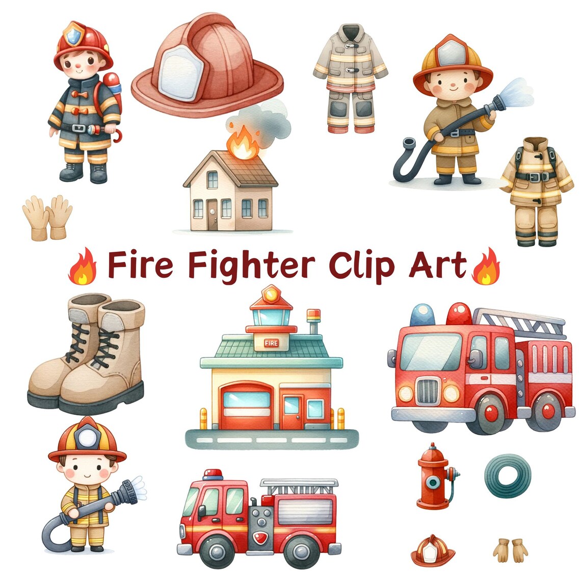 Fire Fighter Watercolor Clip Art 13 PNG File, Transparent Background ...