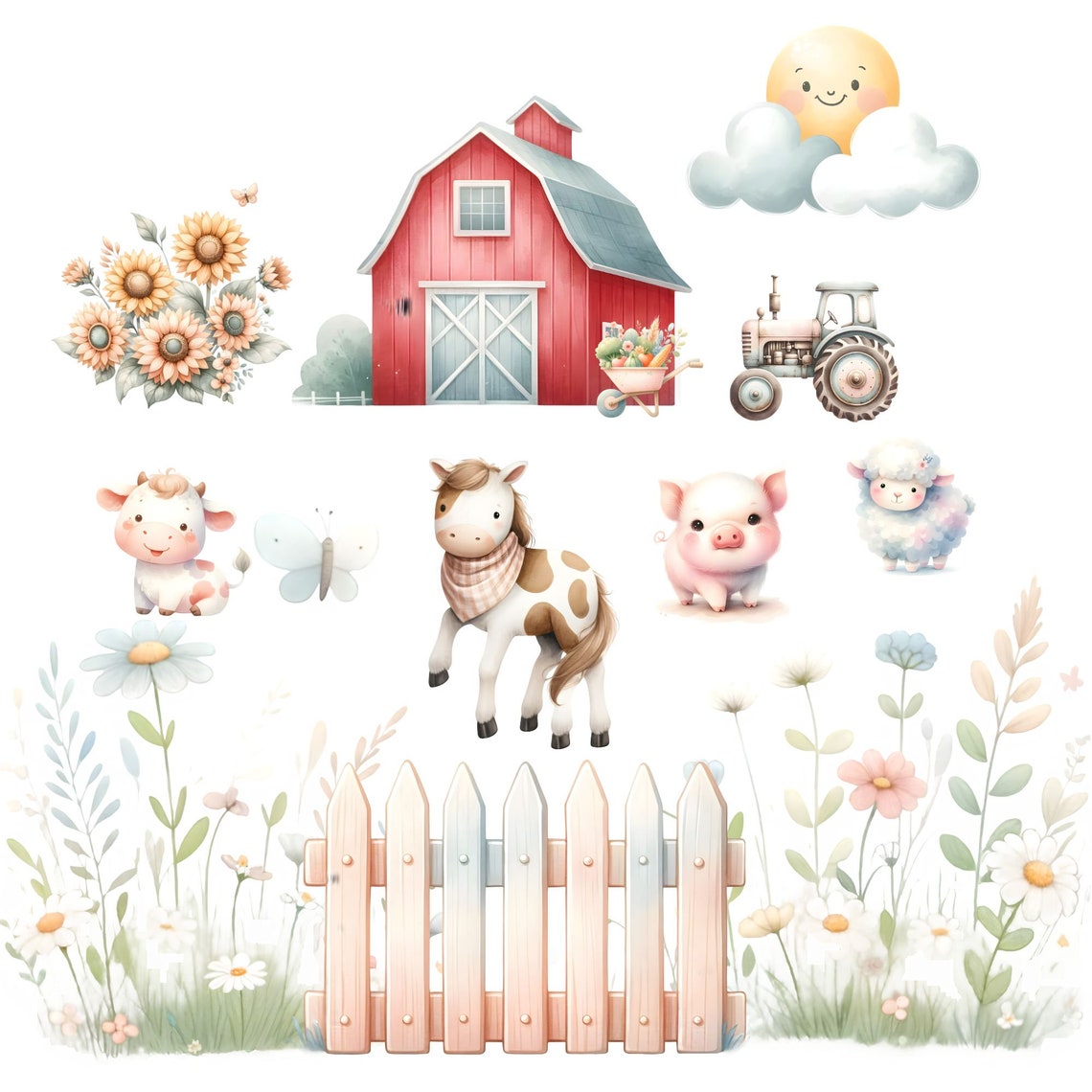 Cute Farm Clip Art - Digital Download, 22 PNG File of Cute Farm ...