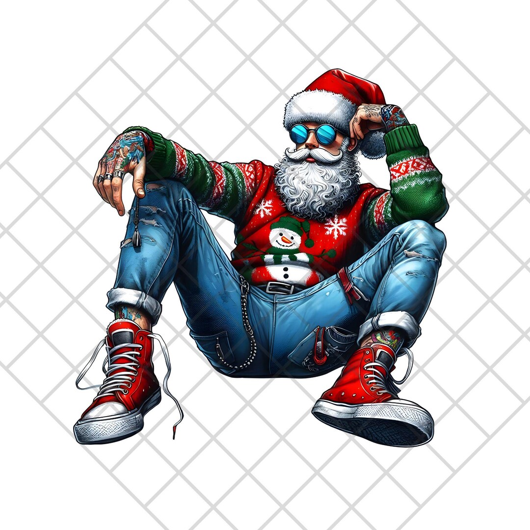 Rebel Santa Clip Art: Tattooed Santa in Ripped Jeans (PNG Digital ...