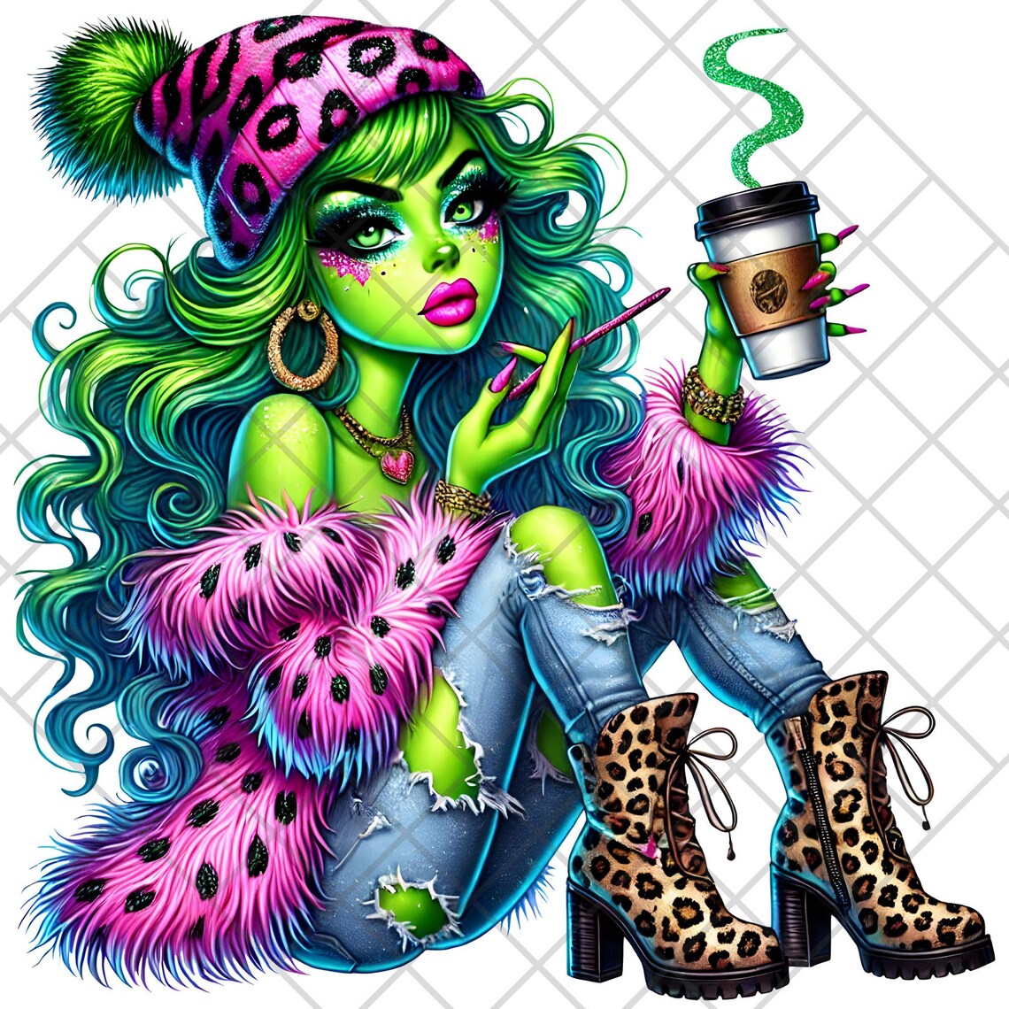 Neon Grinch Chic Clip Art | 1 PNG File of Sassy, Fashion-forward Grinch ...