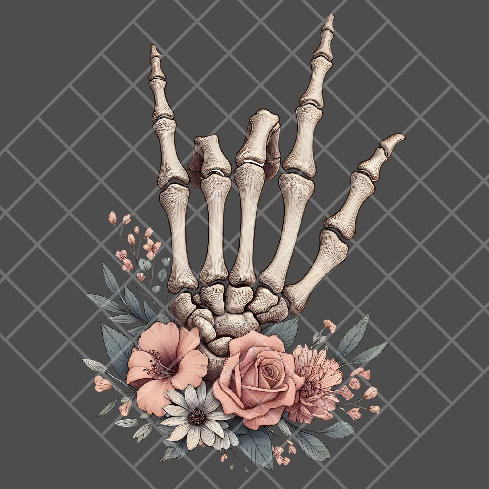 Skeleton Bloom Aesthetics Clip Art | 1 PNG File of Skeletal Hand Motifs Adorned With Delicate ...