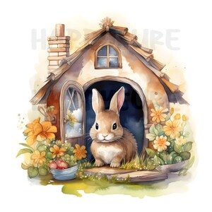 Clip Art of a Little Bunny House in Watercolor Style. Can Be Used for ...