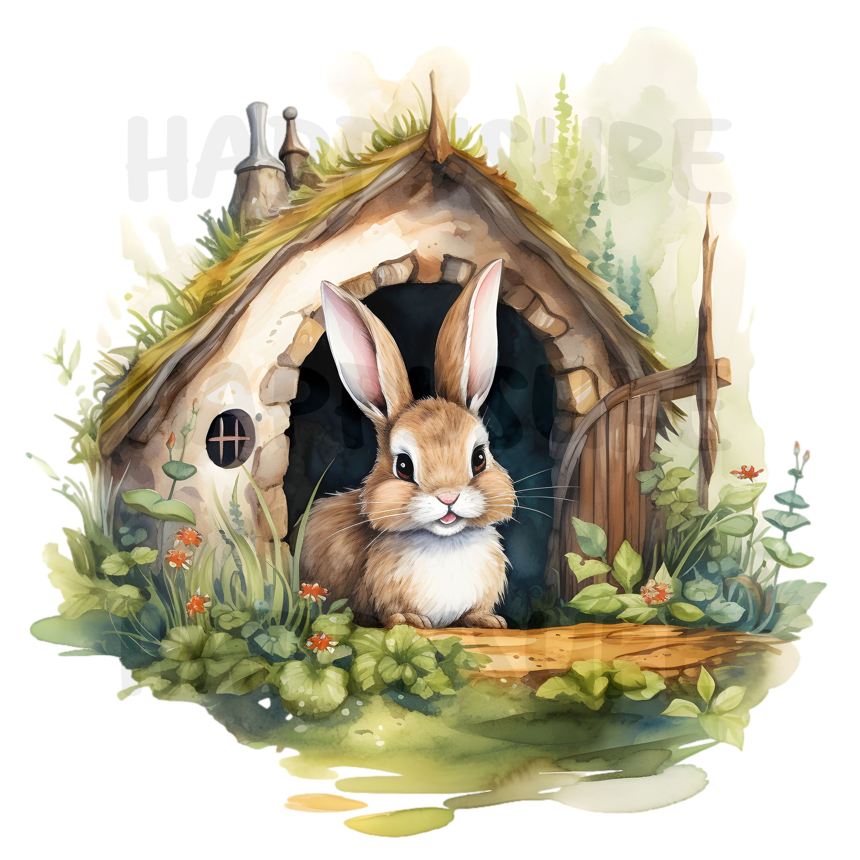 Clip Art of a Little Bunny House in Watercolor Style. Can Be Used for ...