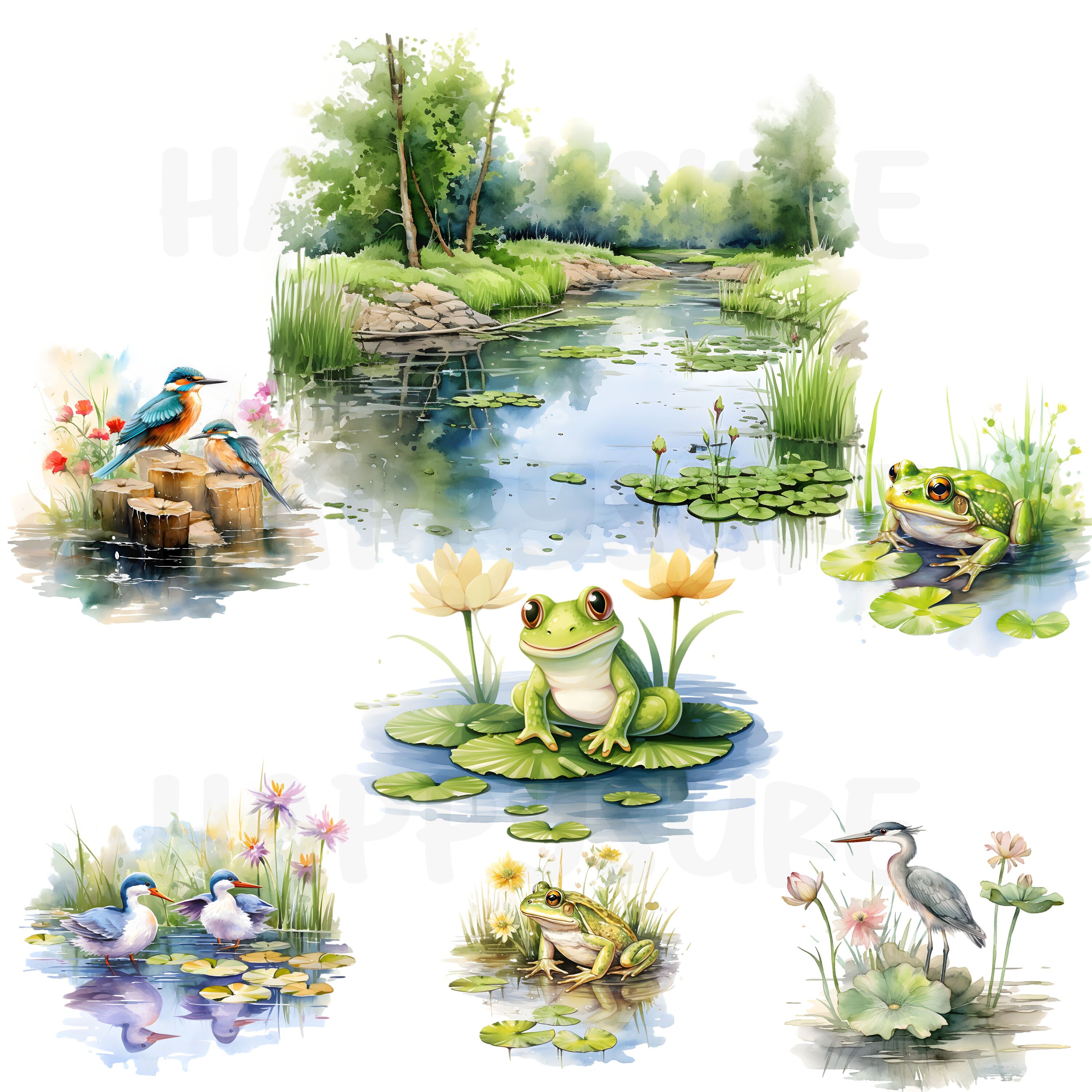 Swamp Ecosystem Clip Art in Watercolor Style. Swamp Ecosystem Picture ...