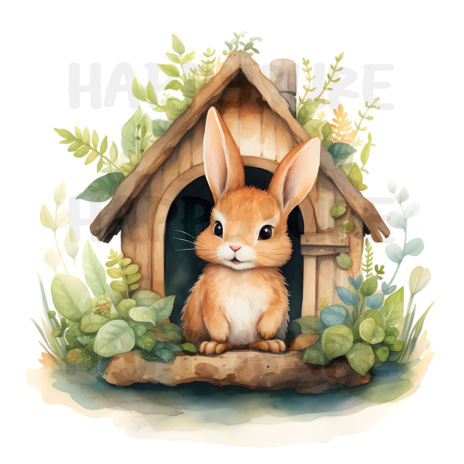 Clip Art of a Little Bunny House in Watercolor Style. Can Be Used for ...