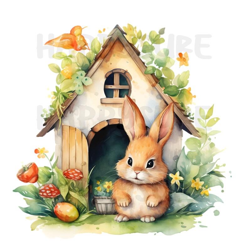 Clip Art of a Little Bunny House in Watercolor Style. Can Be Used for ...