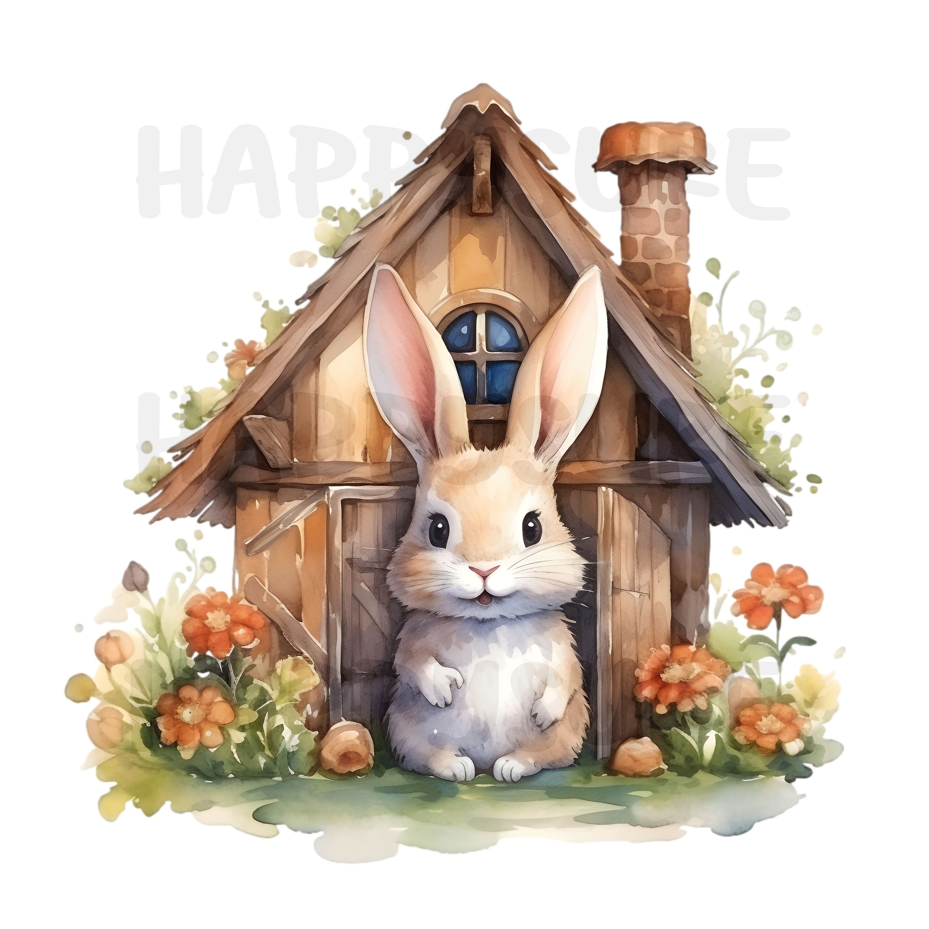 Clip Art of a Little Bunny House in Watercolor Style. Can Be Used for ...