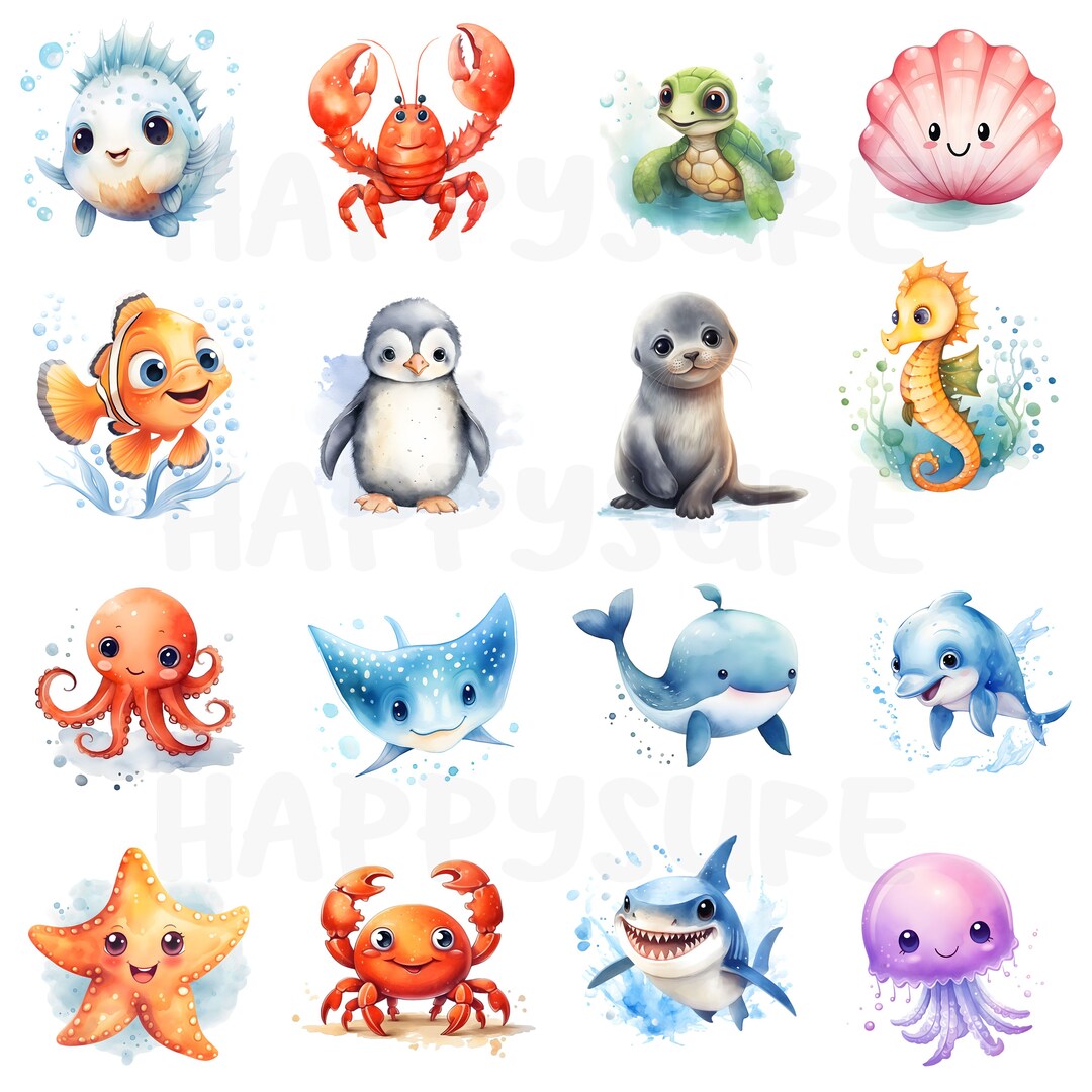 Cute Sea Animals, Sea Animal Clipart for Nursery, Baby Sea Animals,used ...