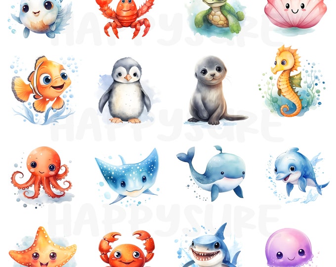 Watercolor Baby Sea Animals Clipart PNG Clipart Bundle, Instant ...