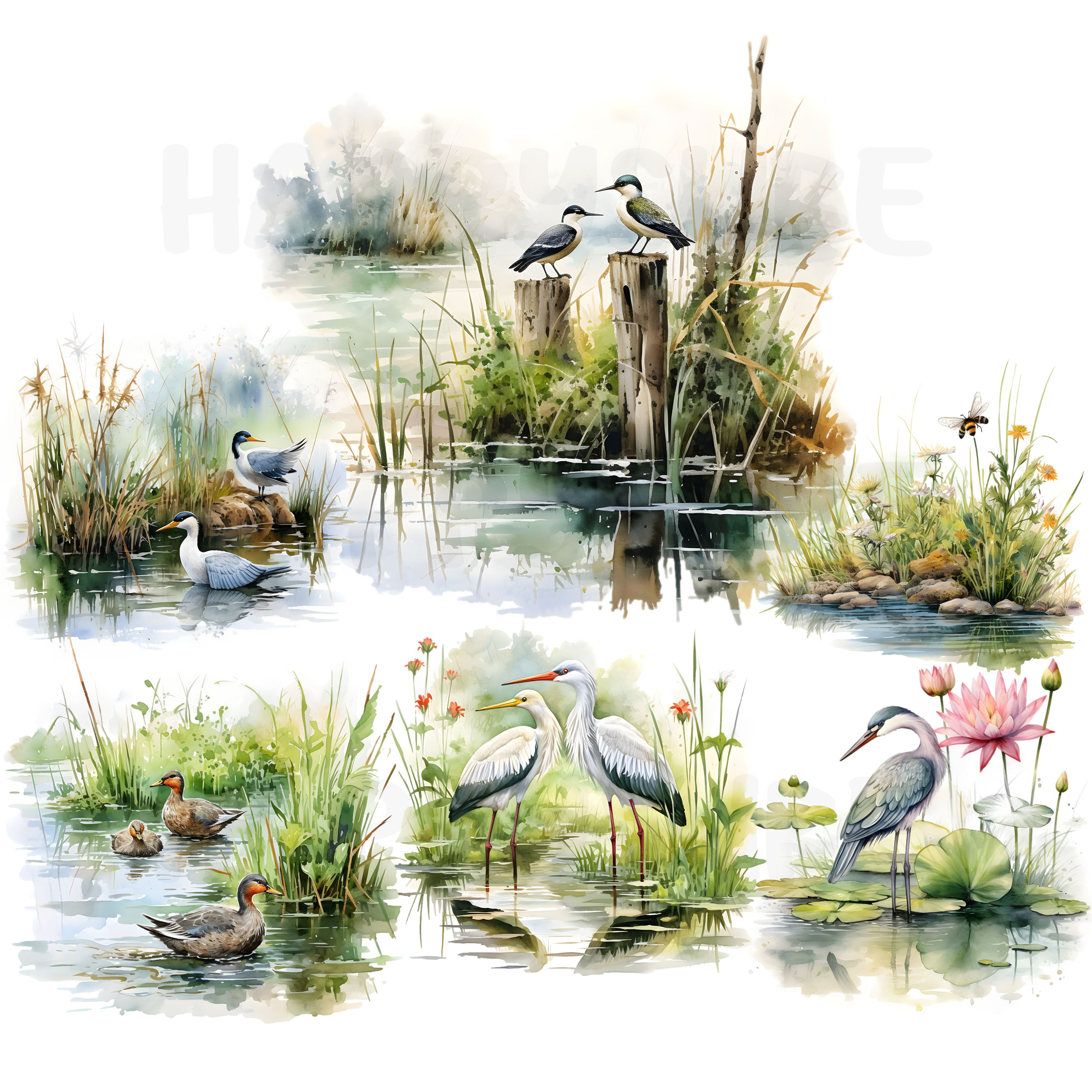 Swamp Ecosystem Clip Art in Watercolor Style. Swamp Ecosystem Picture ...