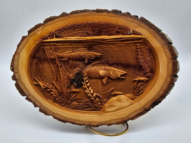 3D Laser Engraved Walleye Basswood Round With Bark - Etsy