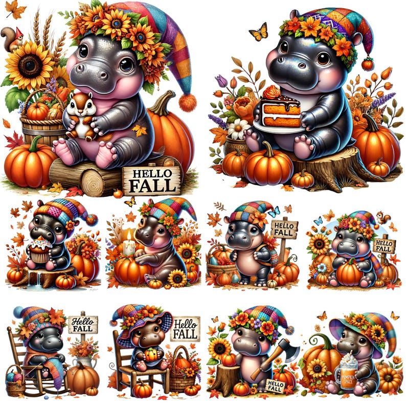 Fall Hippo Watercolor Clipart – Autumn PNG Set (digital Download) - Etsy