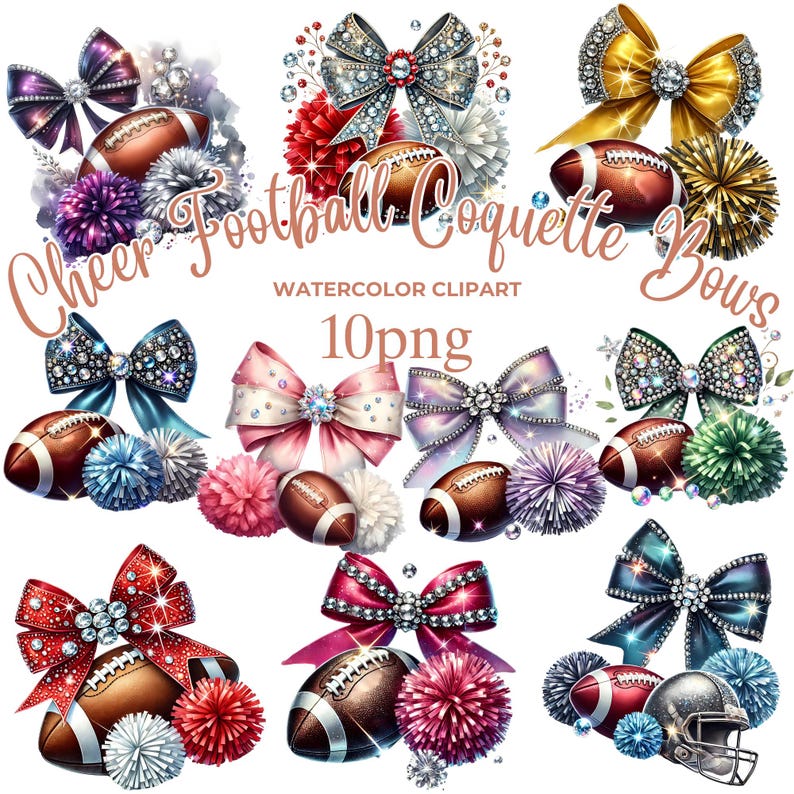 Cheer Football Coquette Bows Watercolor Clipart | Football Season ...
