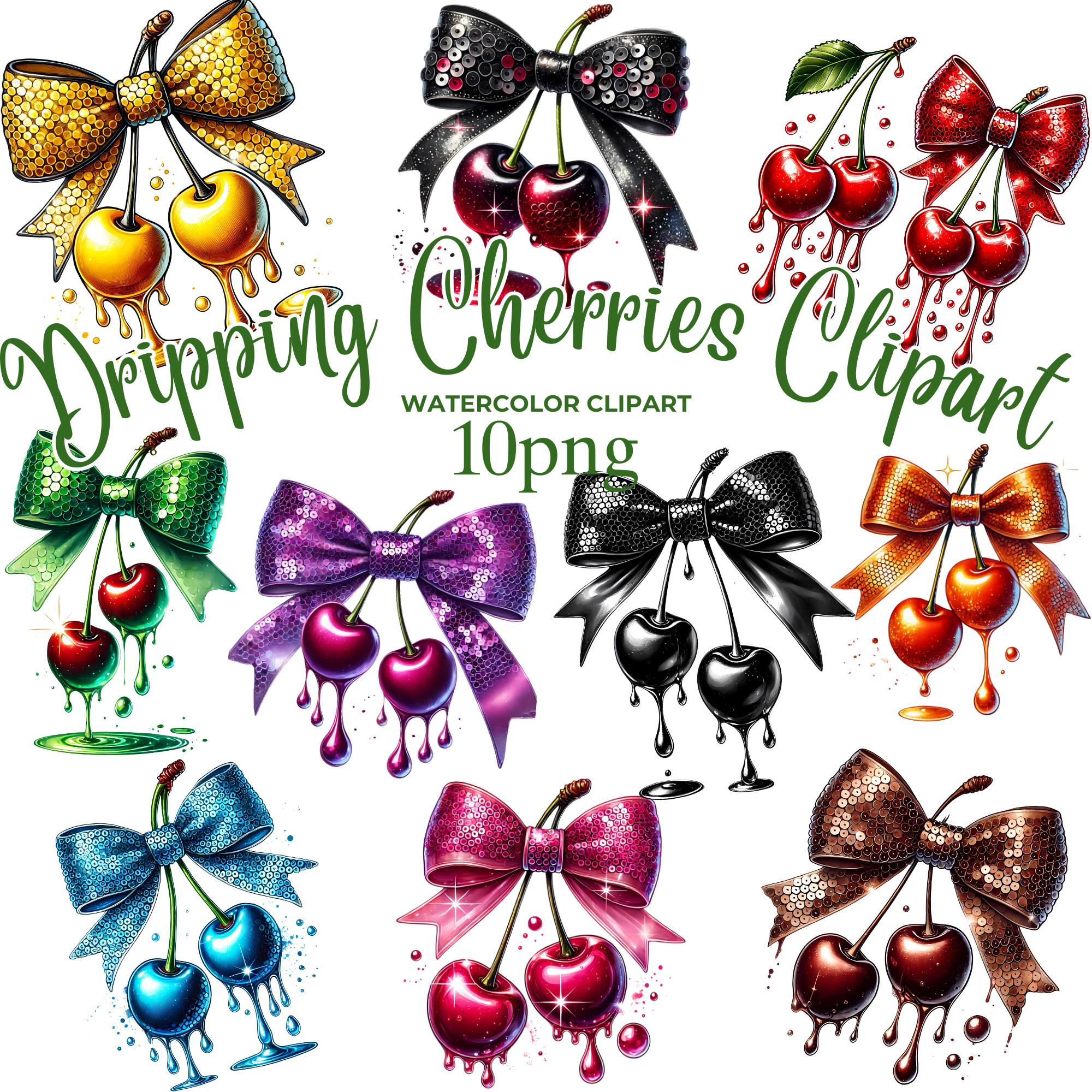 Watercolor Dripping Cherries Clipart – Glam Cherry Bow Designs (10 PNG ...