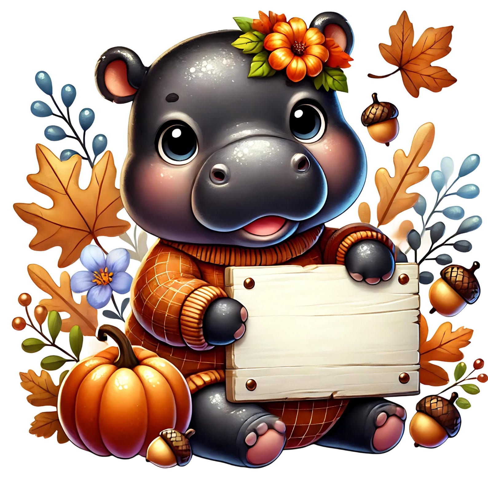 Fall Moo Deng Wood Sign Clipart – 10 PNG Watercolor Set for Autumn ...