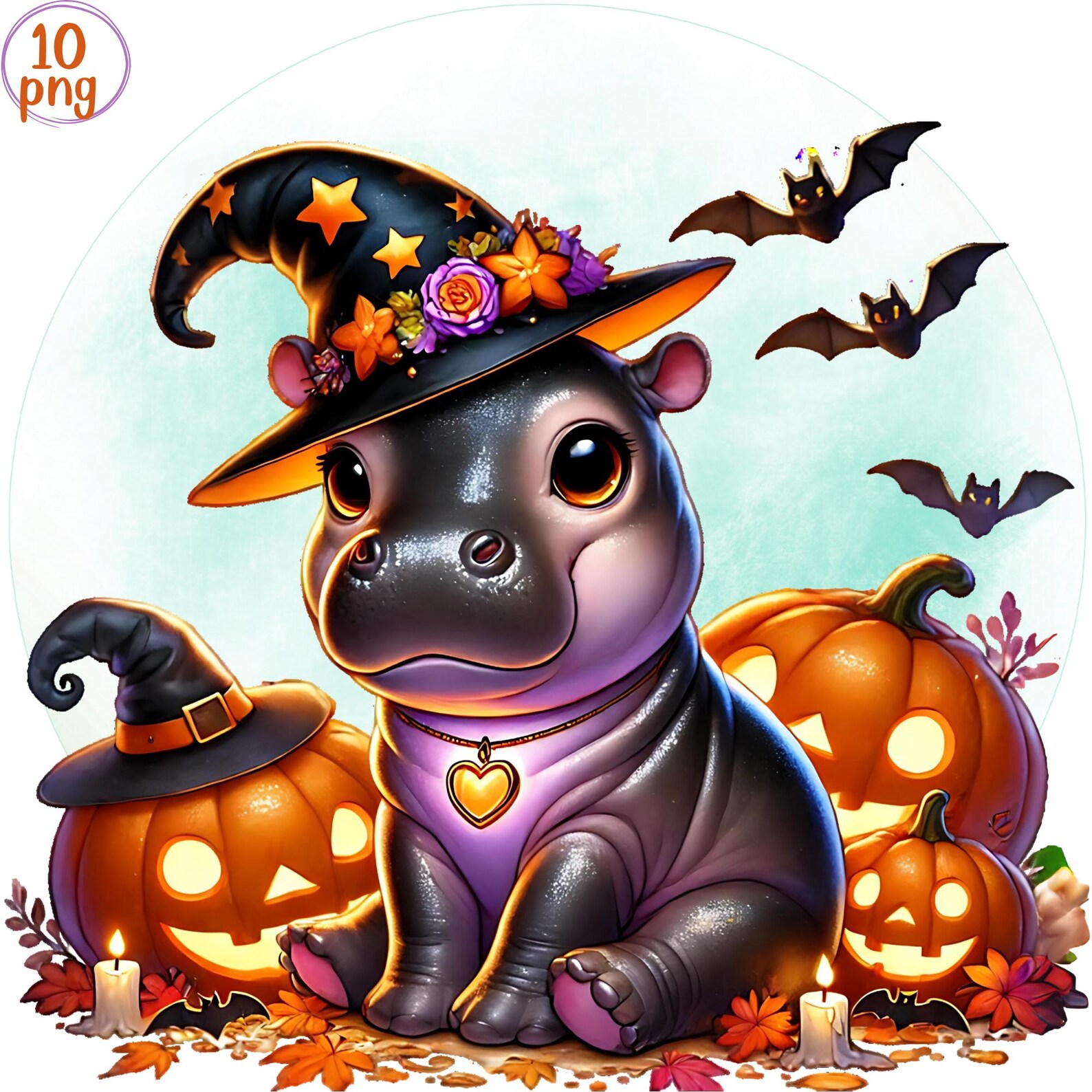 Halloween Hippo Clipart Set – Watercolor Witch, Spooky PNG (digital ...