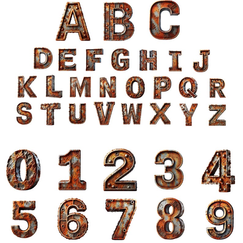 Rusty Metal Alphabet & Numbers Clipart – 36 PNG Set for Steampunk ...