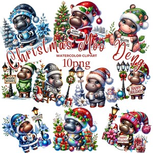 Christmas Hippo Clipart – 10 PNG Watercolor Set for Holiday Crafts ...