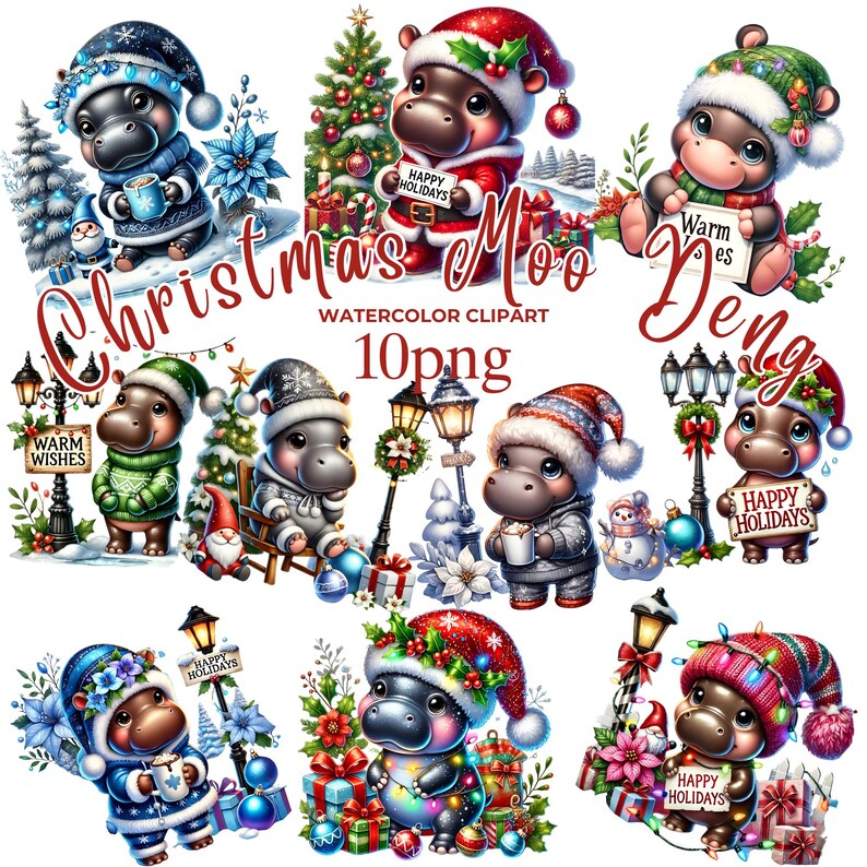 Christmas Hippo Clipart – 10 PNG Watercolor Set for Holiday Crafts ...