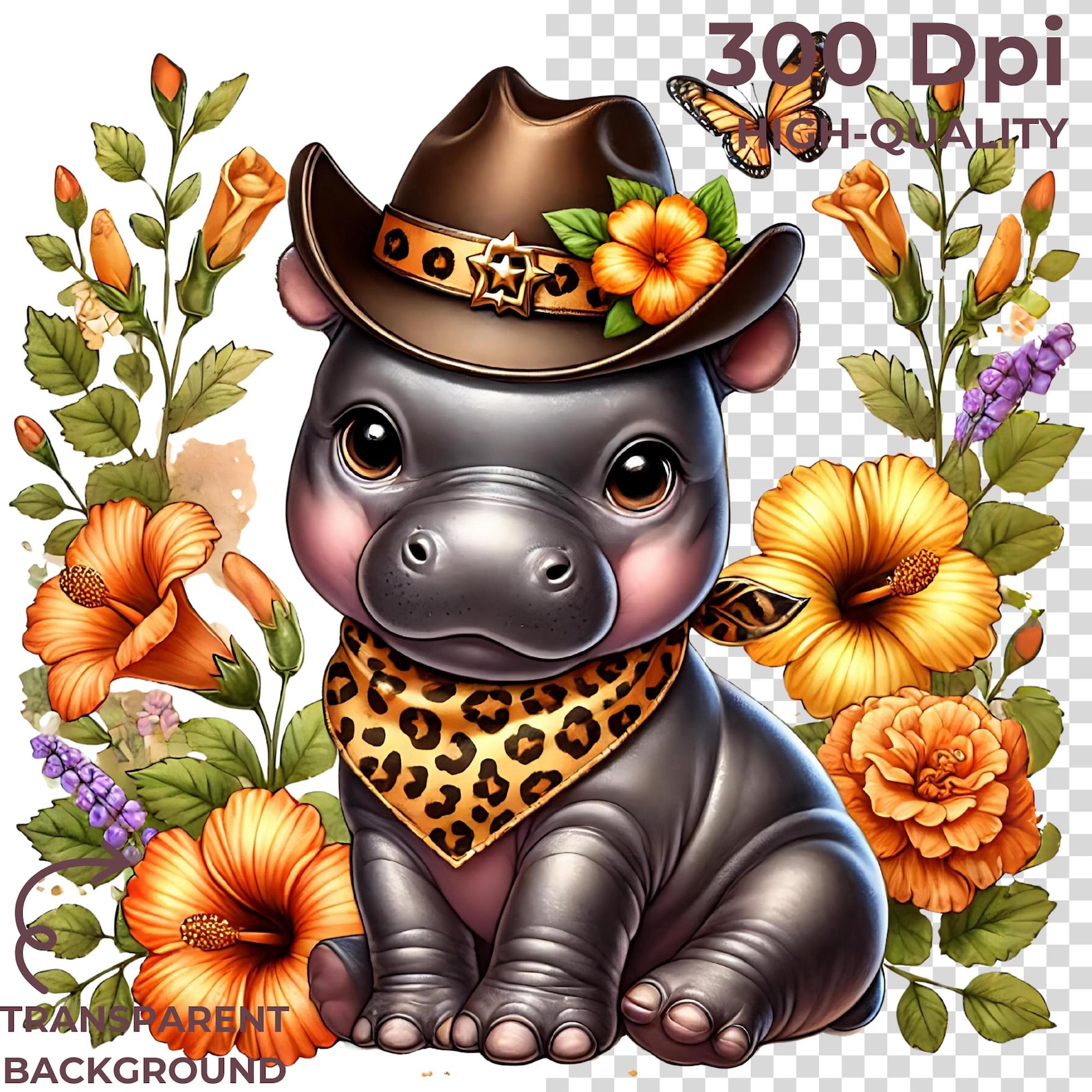 Cowboy Moo Deng Clipart – 10 PNG Watercolor Set for Western Crafts ...