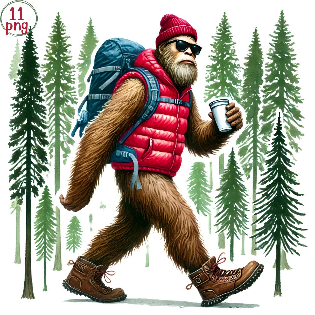 Bigfoot Hiking Clipart – 11 PNG Watercolor Sasquatch Walking in the ...