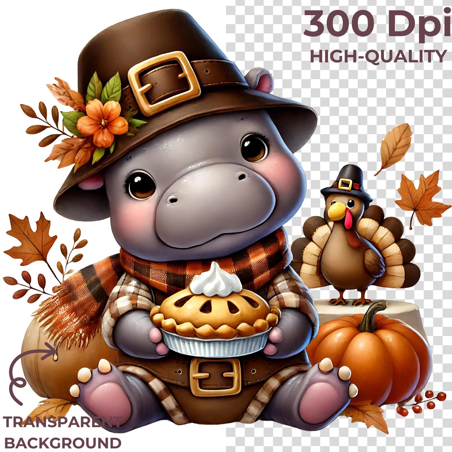 Thanksgiving Moo Deng Clipart Bundle - 10 Adorable Watercolor Hippo ...