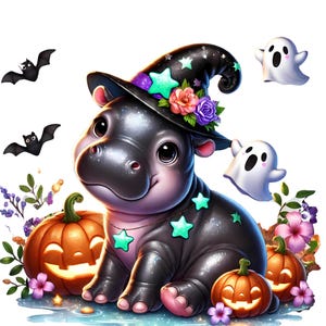 Halloween Hippo Clipart Set – Watercolor Witch, Spooky PNG (digital ...