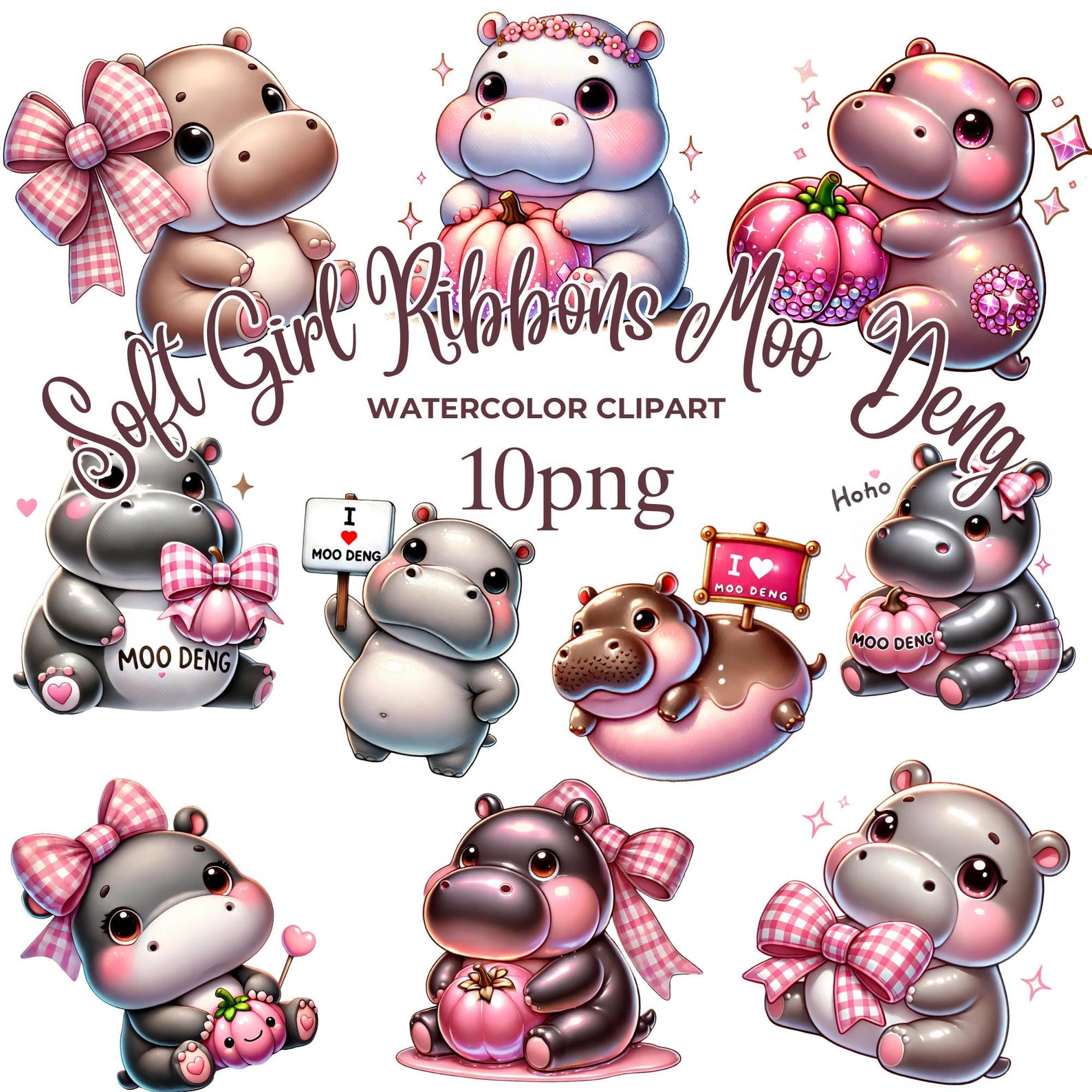 Soft Girl Ribbons Moo Deng Watercolor Clipart - 10 Pngs of Adorable ...