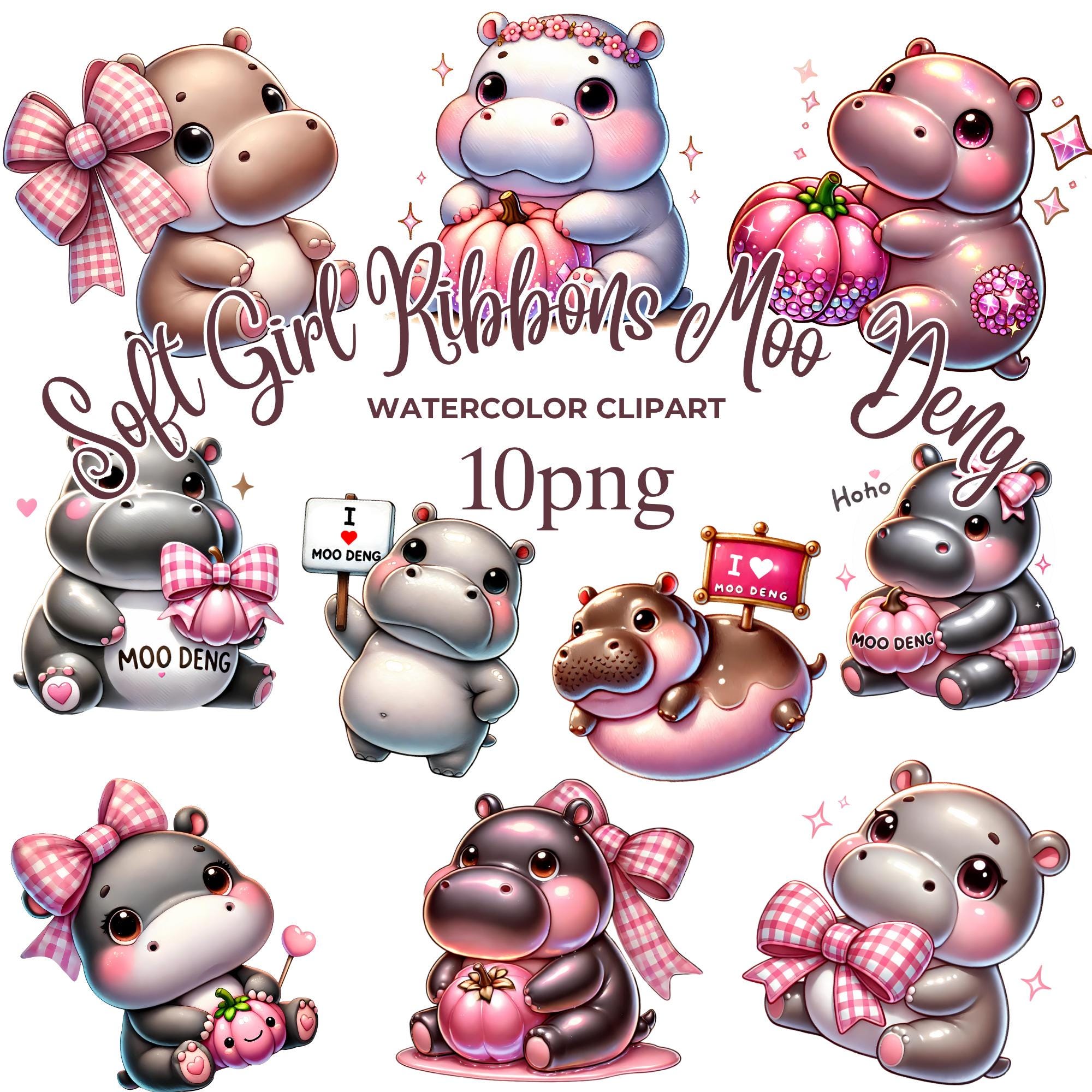 Soft Girl Ribbons Moo Deng Watercolor Clipart 10 Pngs of Adorable Hippo ...