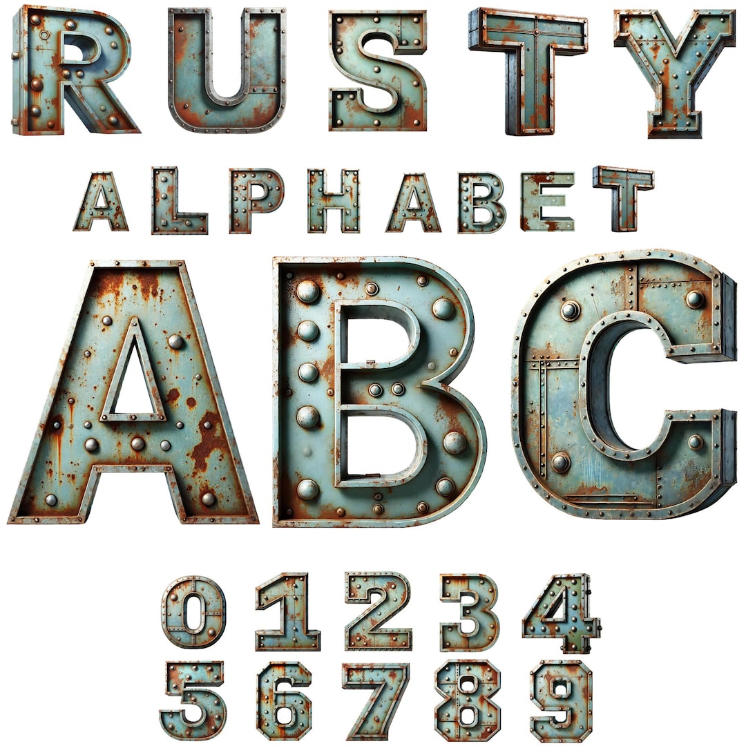 Rusty Alphabet & Numbers Clipart – 36 PNG Set for Steampunk, Industrial ...
