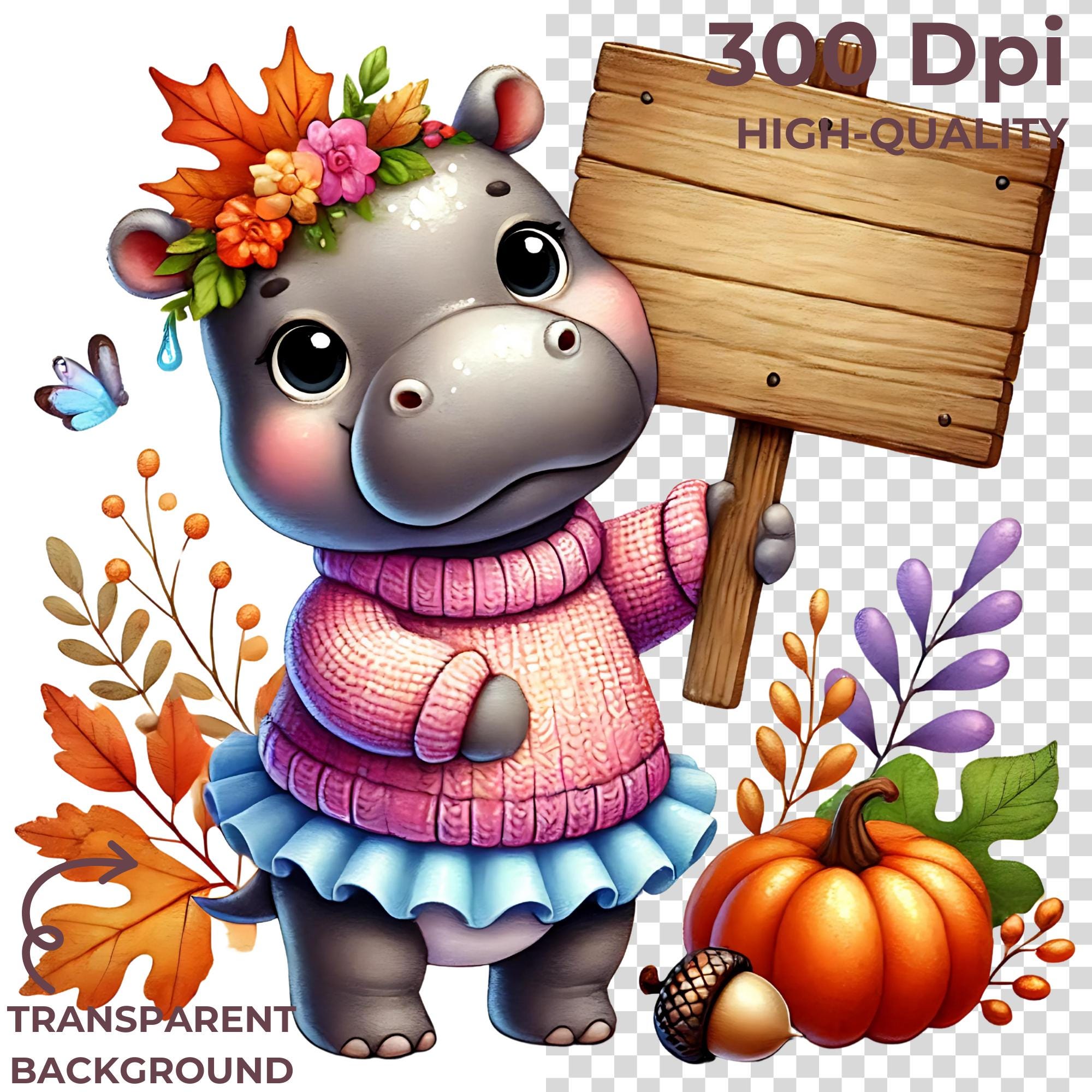 Fall Moo Deng Wood Sign Clipart – 10 PNG Watercolor Set for Autumn ...