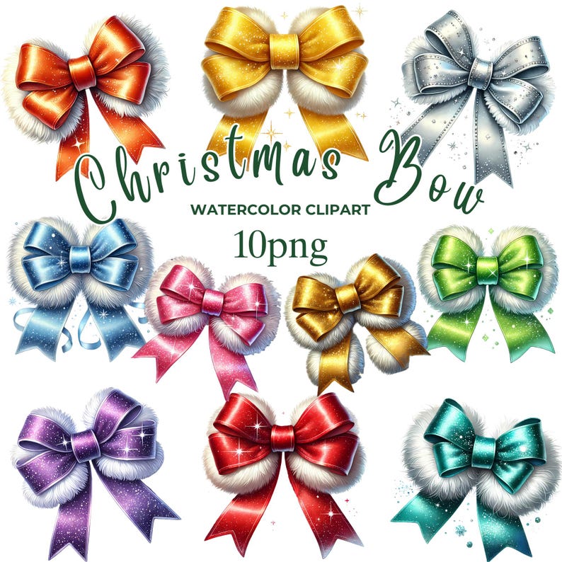 Christmas Bow Clipart – 10 PNG Watercolor Set for Holiday Crafts & Gift ...
