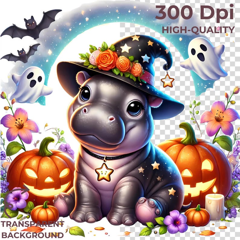Halloween Hippo Clipart Set – Watercolor Witch, Spooky PNG (digital ...