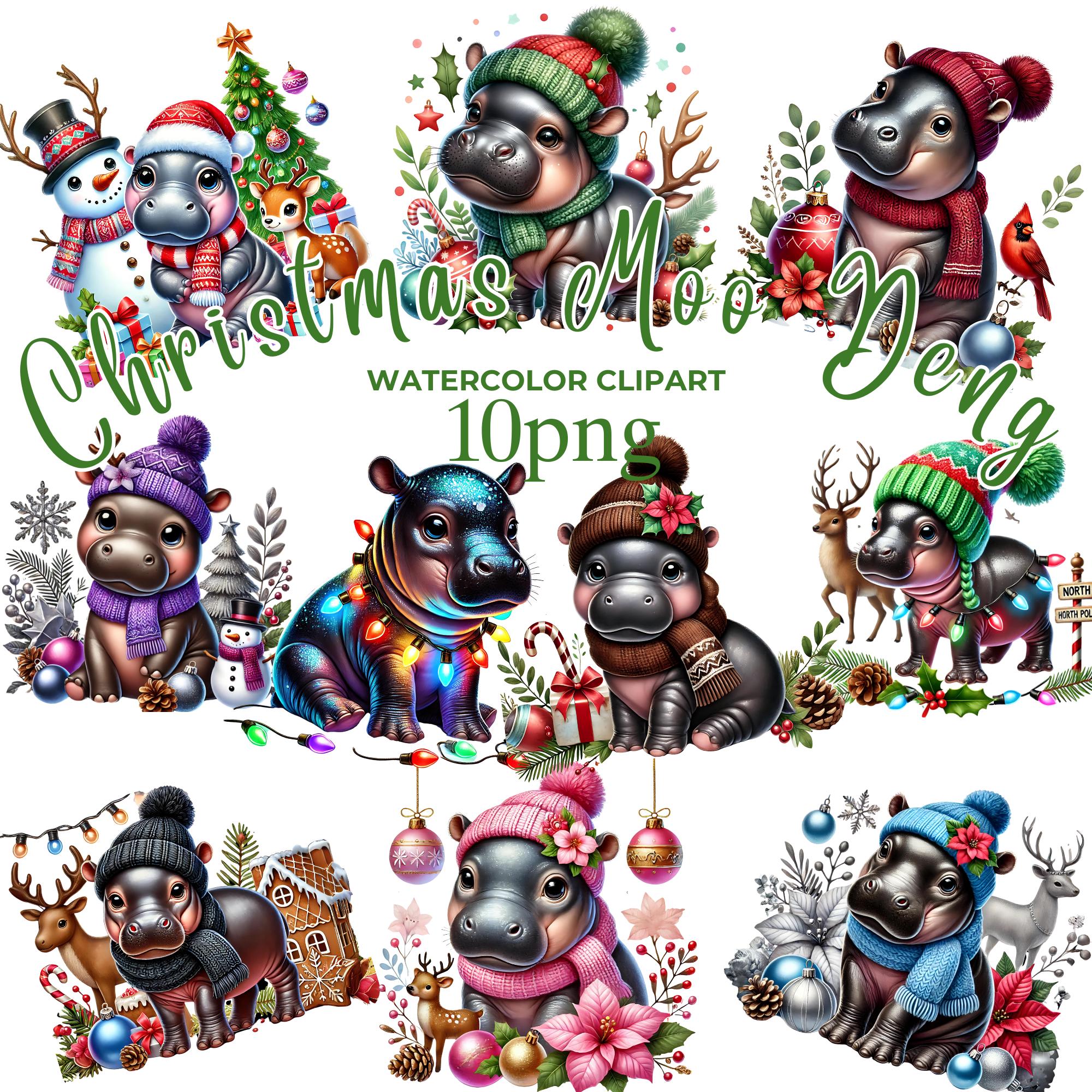 Christmas Moo Deng Clipart – 10 PNG Watercolor Set for Holiday Crafts ...