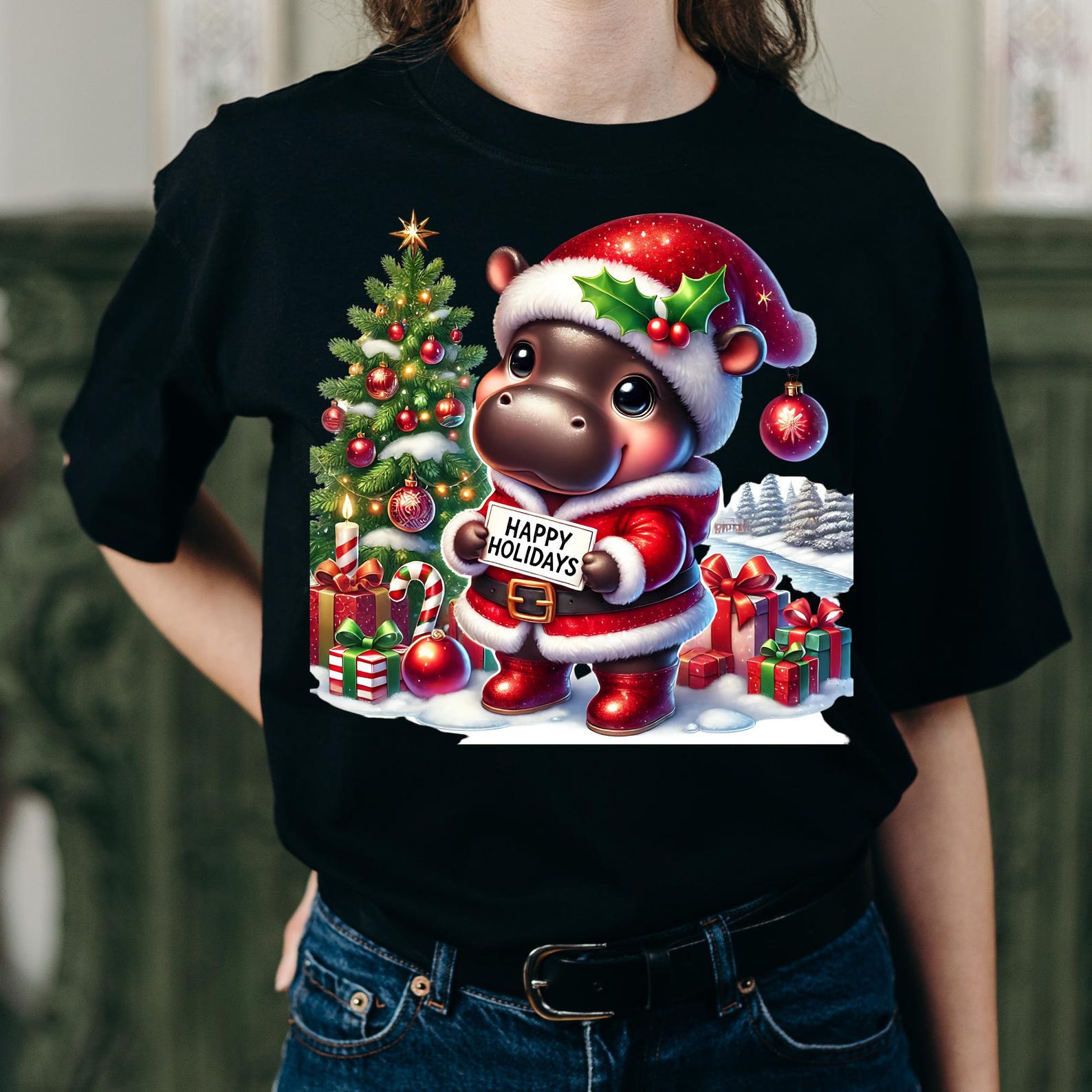 Christmas Hippo Clipart – 10 PNG Watercolor Set for Holiday Crafts ...