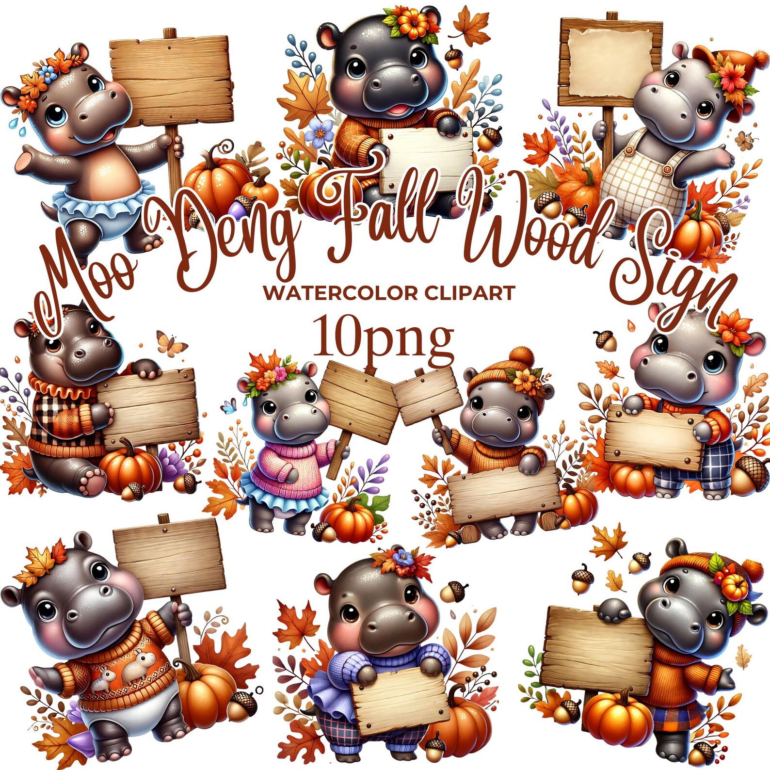 Fall Moo Deng Wood Sign Clipart – 10 PNG Watercolor Set for Autumn ...