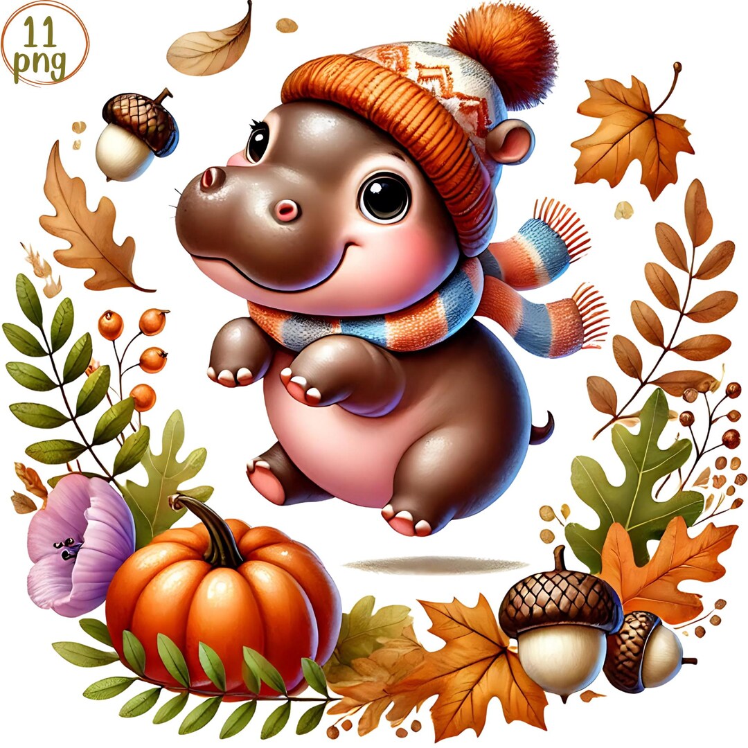 Fall Moo Deng Clipart - 11 Cozy Watercolor Hippos for Autumn-themed ...