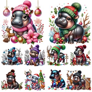 Christmas Moo Deng Clipart – 10 PNG Watercolor Set for Holiday Crafts ...