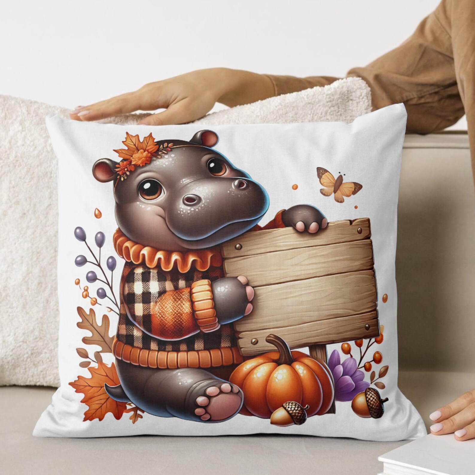 Fall Moo Deng Wood Sign Clipart – 10 PNG Watercolor Set for Autumn ...