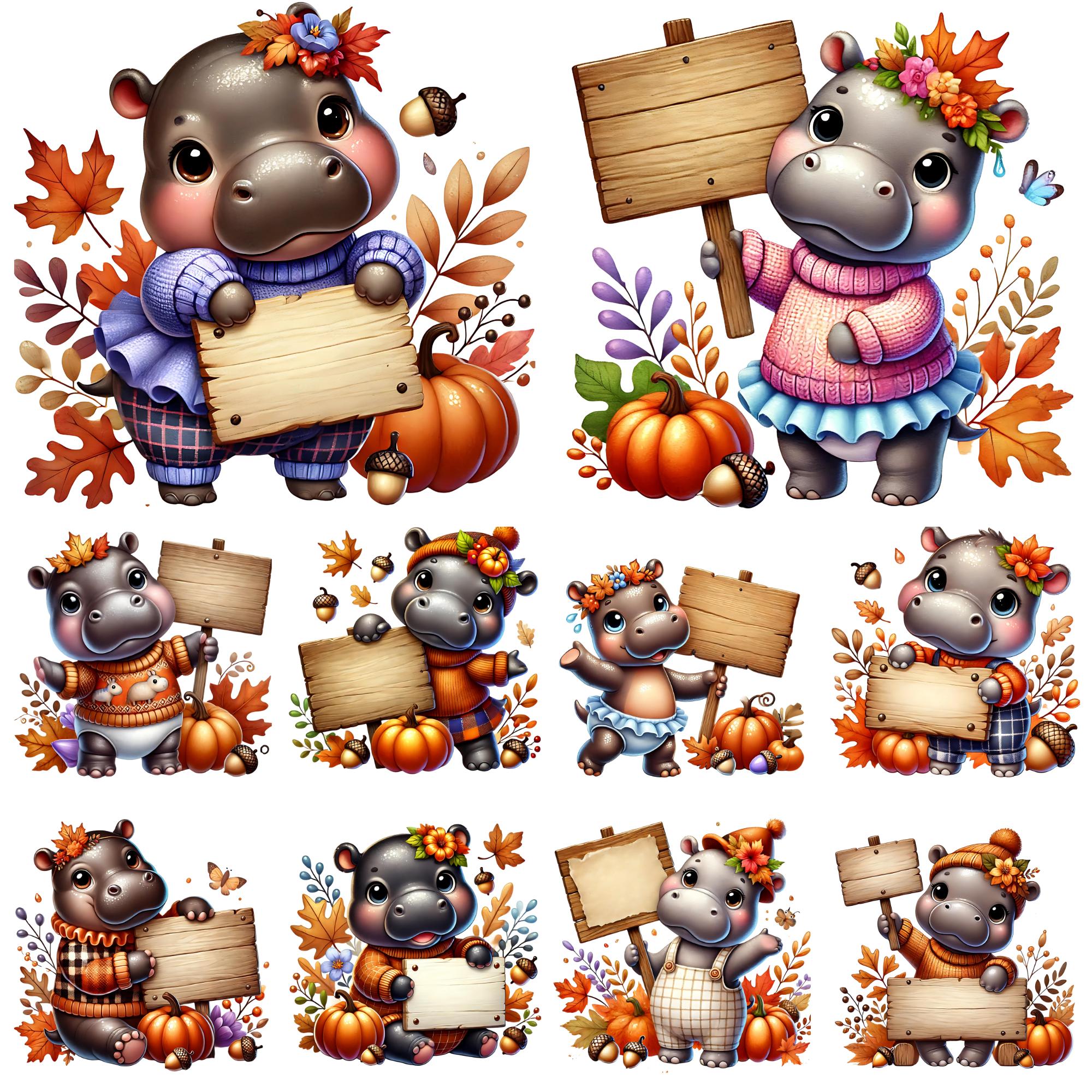 Fall Moo Deng Wood Sign Clipart – 10 PNG Watercolor Set for Autumn ...