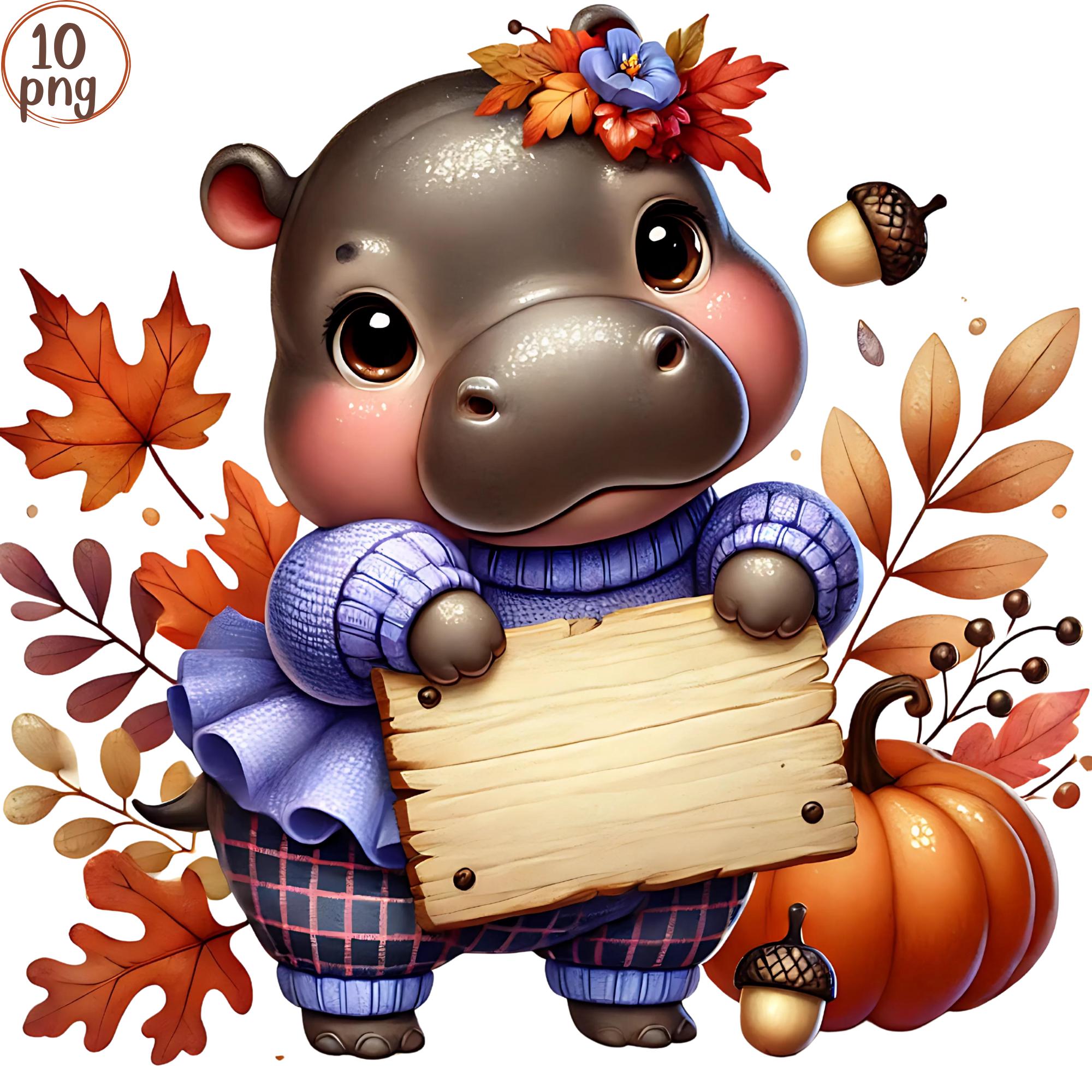 Fall Moo Deng Wood Sign Clipart – 10 PNG Watercolor Set for Autumn ...