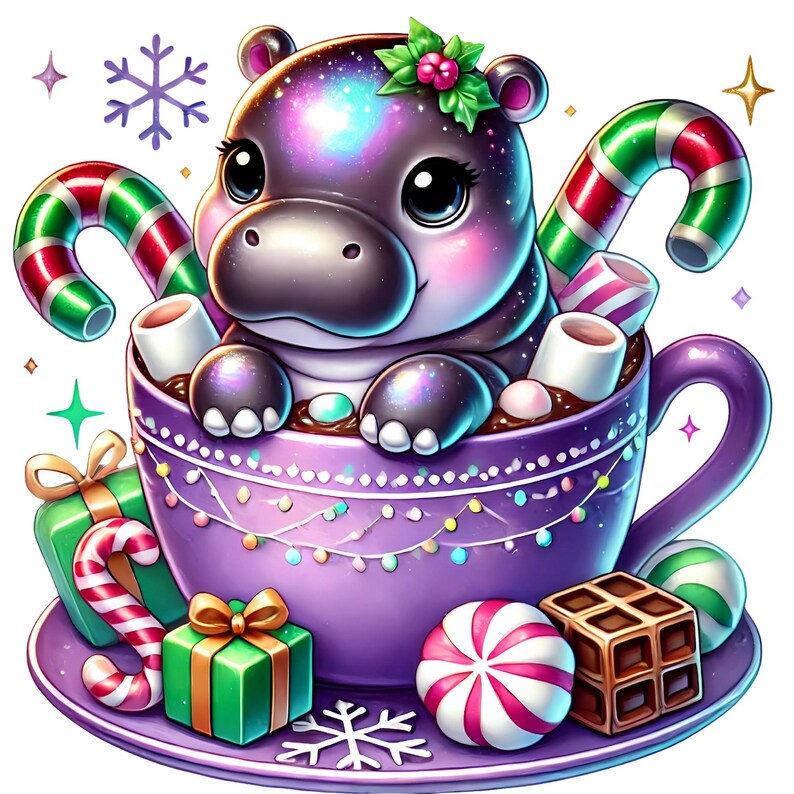 Hot Chocolate Moo Deng Clipart – 10 PNG Watercolor Set for Christmas ...