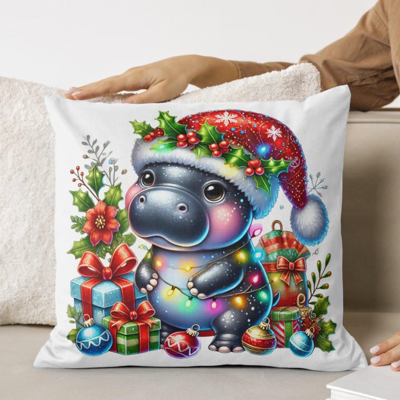 Christmas Hippo Clipart – 10 PNG Watercolor Set for Holiday Crafts ...