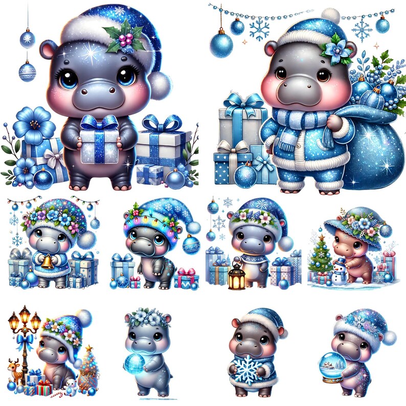 Blue Christmas Hippo Clipart – Winter Watercolor PNG Set (digital ...