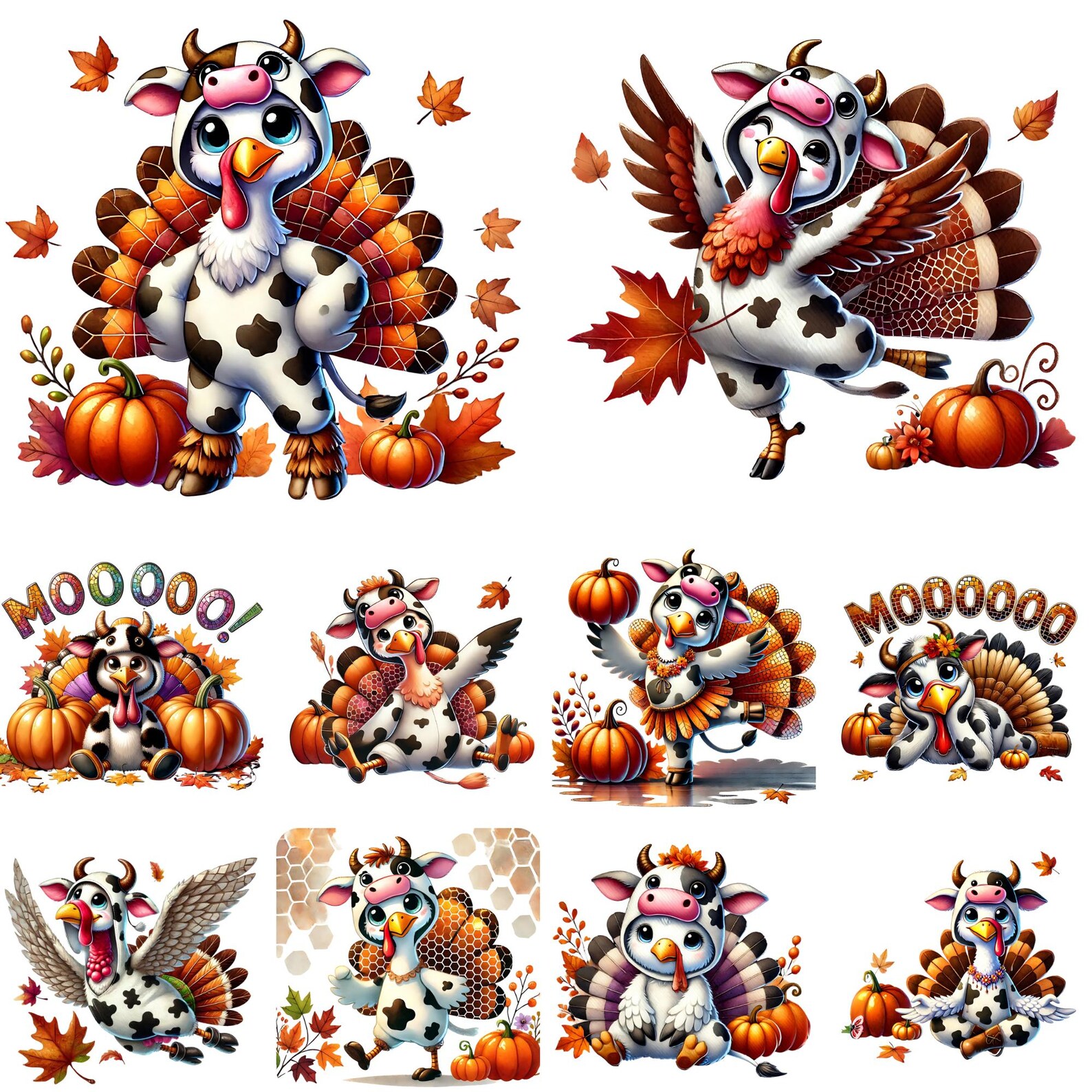 Moo Cow Turkey Clipart | 10 PNG Thanksgiving Sublimation | Fall Farm ...