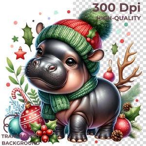 Christmas Moo Deng Clipart – 10 PNG Watercolor Set for Holiday Crafts ...