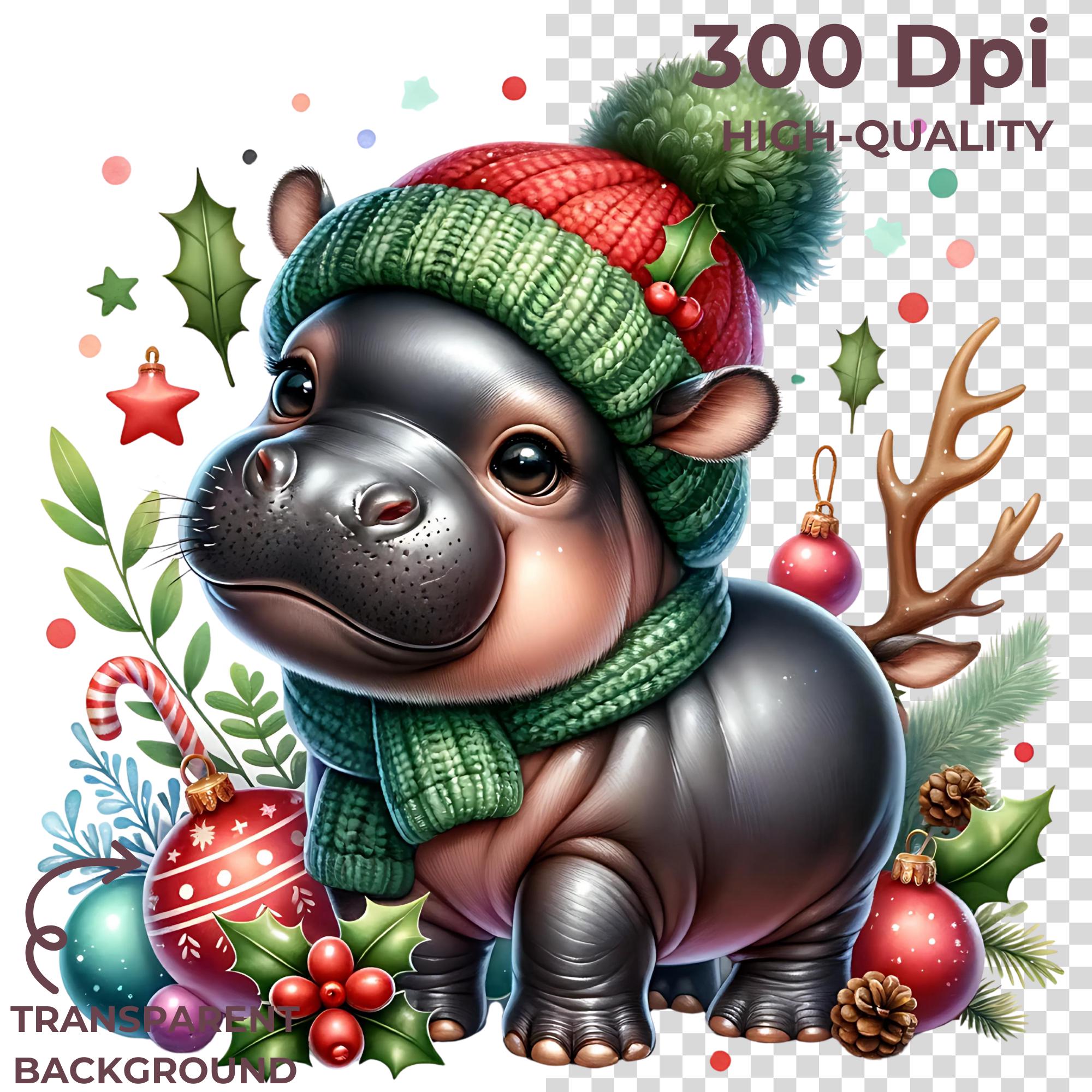 Christmas Moo Deng Clipart – 10 PNG Watercolor Set for Holiday Crafts ...