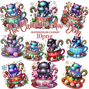 Hot Chocolate Moo Deng Clipart – 10 PNG Watercolor Set for Christmas ...